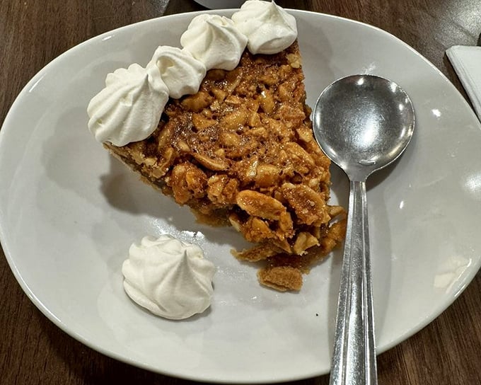 Their famous peanut pie &ndash; where Virginia's agricultural pride meets dessert genius. Those peanuts aren't just a topping, they're a celebration.