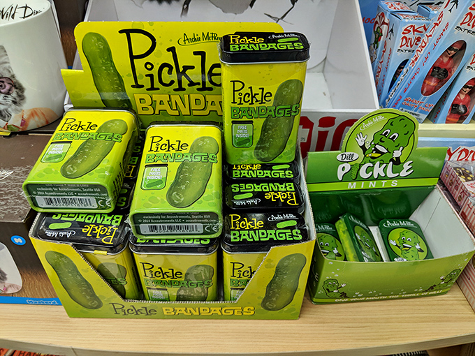 Because nothing says "impulse buy" quite like pickle-flavored bandages in a candy store's universe of possibilities.