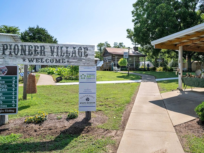Pioneer Village welcomes visitors to step back in time, where log cabins and wooden walkways tell stories of Tennessee's resilient early settlers.