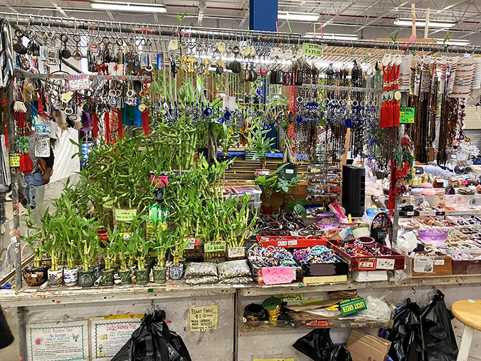 Lucky bamboo and colorful trinkets promise to bring good fortune. Whether you believe in charms or just charming decor, this booth delivers both.