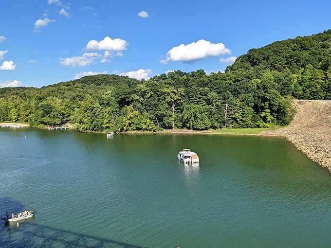 Pleasant Hill Lake shimmers like a sapphire among the emerald hills, offering boaters a perfect escape from the digital world