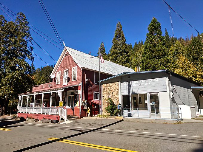The red building and tiny post office create Sierra City's downtown skyline – all two stories of it – where mail delivery remains a social event.