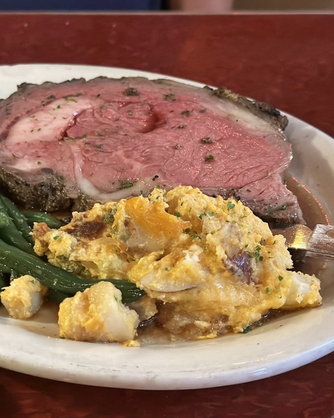 Prime rib so perfectly pink it could make a vegetarian question their life choices. That side of potato casserole isn't playing second fiddle&mdash;it's a co-star.