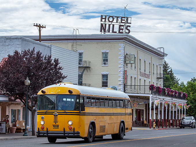 This vintage yellow bus parked outside the Niles Hotel isn't retro-chic&mdash;it's authentically vintage, like the town itself.
