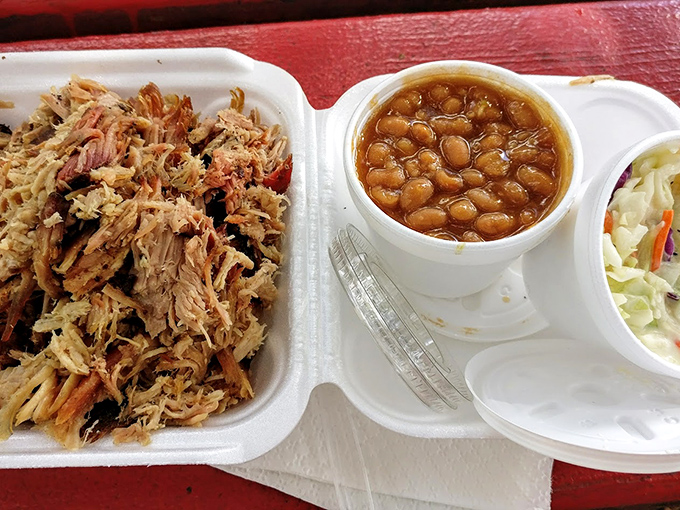 A tray of pulled pork with sides that know their role: supporting players to the star, yet memorable in their own right.