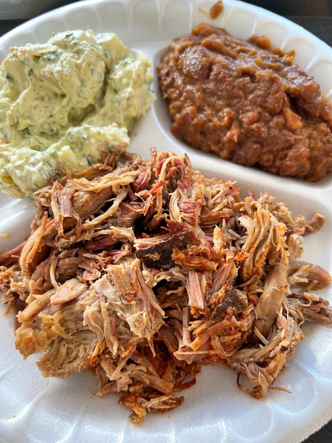 A holy trinity of barbecue perfection: pulled pork with bark intact, creamy potato salad, and beans that have clearly been introduced to pork at some point.