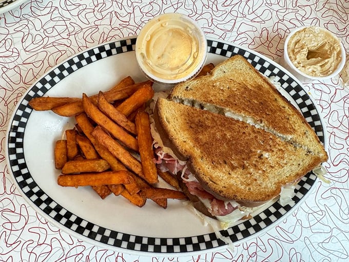 A proper Reuben with sweet potato fries&mdash;the sandwich equivalent of finding a vintage Cadillac in perfect condition at a garage sale.