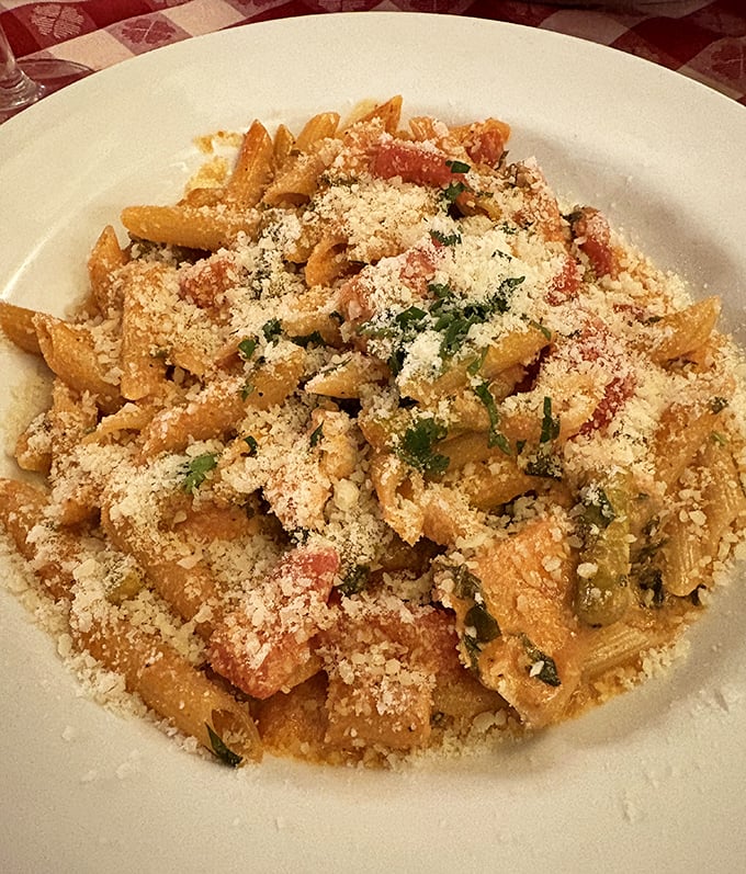 Rigatoni that's been showered with enough Parmesan to make a dairy farmer blush, each tube of pasta capturing the robust sauce like tiny flavor vessels.