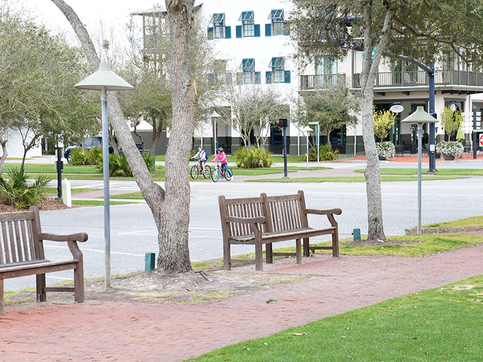 Thoughtfully placed benches invite moments of pause in a world that rarely slows down enough to notice the simple pleasure of sitting still.
