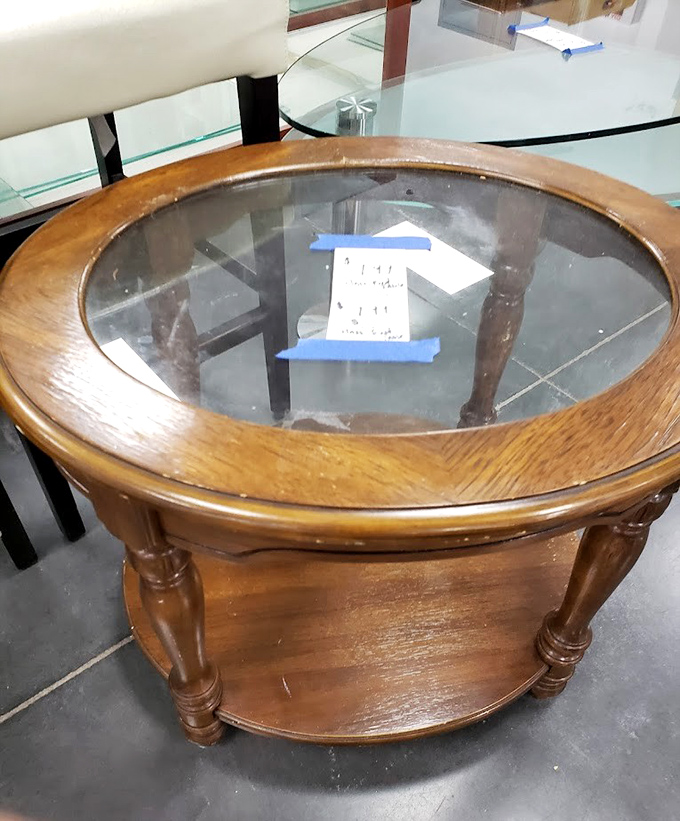 This round wooden table has hosted countless family dinners in its past life. Ready for an encore performance in your breakfast nook?