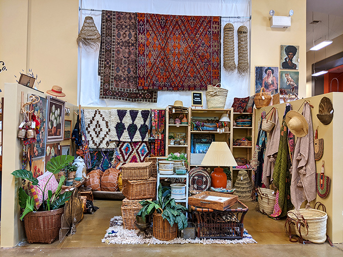 A bohemian paradise where every textile tells a story. Those hanging rugs have more travel stories than your passport-stamping friend who won't stop talking about Bali.
