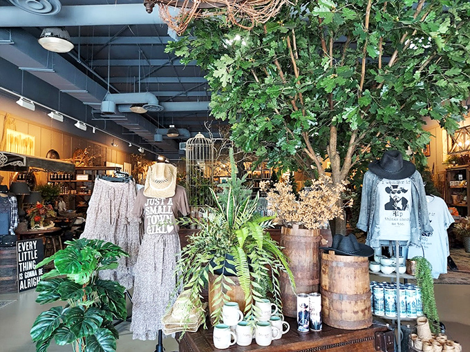 Where rustic charm meets retail therapy. Those wooden barrels weren't just made for whiskey—they're perfect for displaying casual country chic.