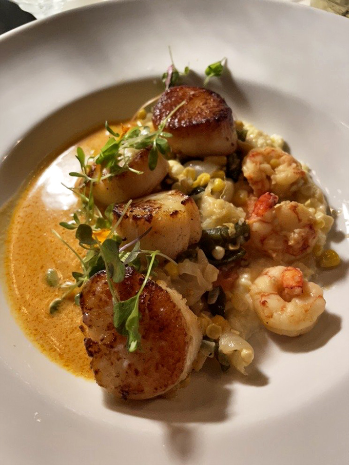 Seared scallops with a golden crust that would make King Midas envious, swimming in a sauce worth bottling and taking home.