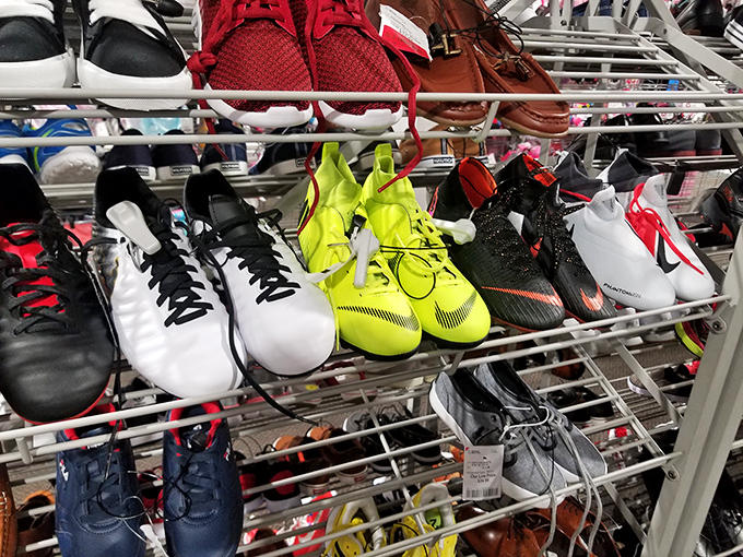 Athletic shoes lined up like eager contestants on a reality show. Each pair silently promising to make you run faster, jump higher.
