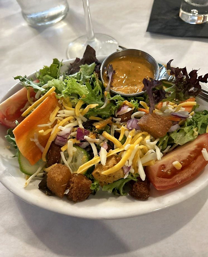 Even the salad deserves attention here&mdash;crisp, colorful, and adorned with cheese and croutons. Rabbit food that even carnivores can appreciate.