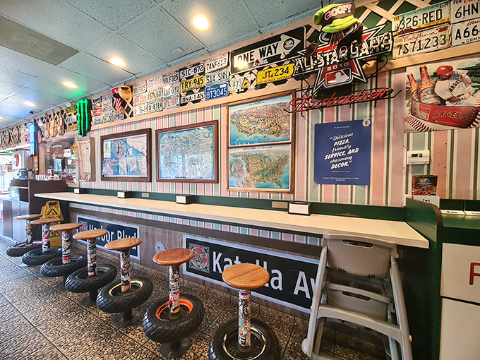 Tire-based stools that somehow make perfect sense. Where else can your backside rest on rubber while your taste buds go to heaven?