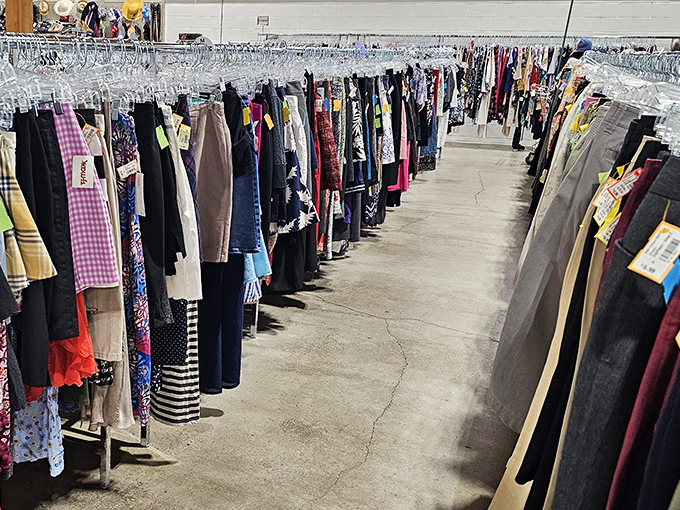 The pants and skirts section is meticulously organized&mdash;a rainbow of fabric possibilities hanging in perfect formation.