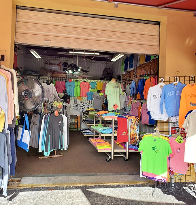 Florida fashion central, where vacation vibes meet everyday wear. That neon green might just be bright enough to find your way home from the beach.