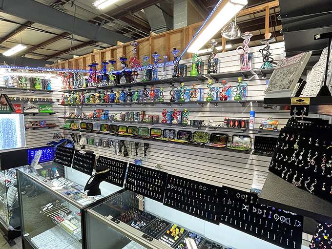 From colorful glass pipes to gleaming jewelry, this vendor's meticulous display transforms everyday accessories into a gallery-worthy collection of wearable art.