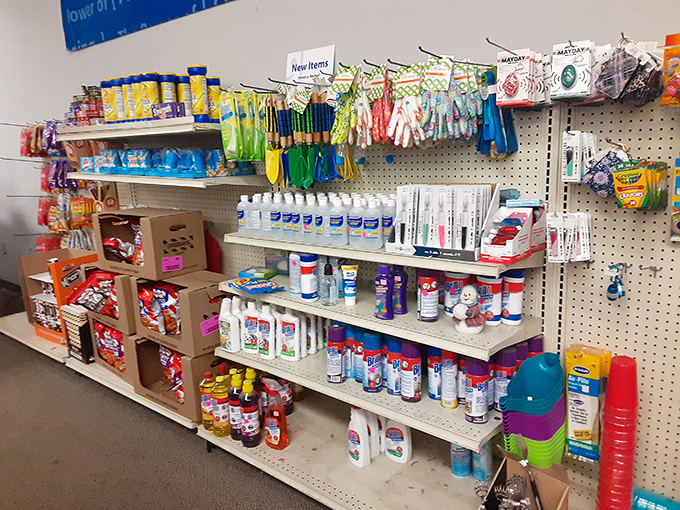 New-in-package items line these shelves like retail refugees. From cleaning supplies to craft materials, some things arrive here having never fulfilled their purpose.