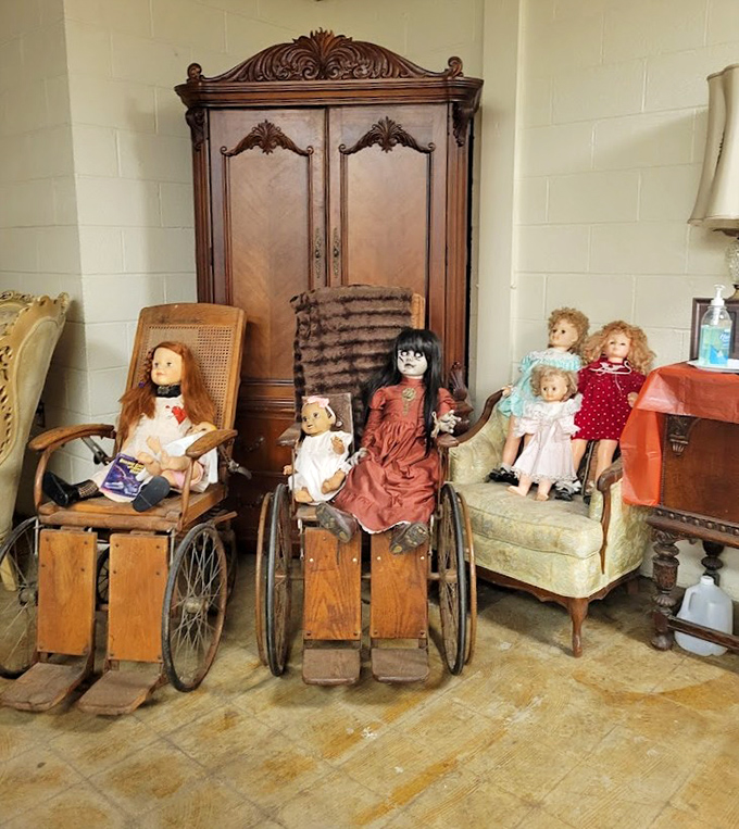 Perhaps the most unsettling display: antique dolls in wheelchairs arranged in a macabre tableau that sends shivers down even skeptics' spines.
