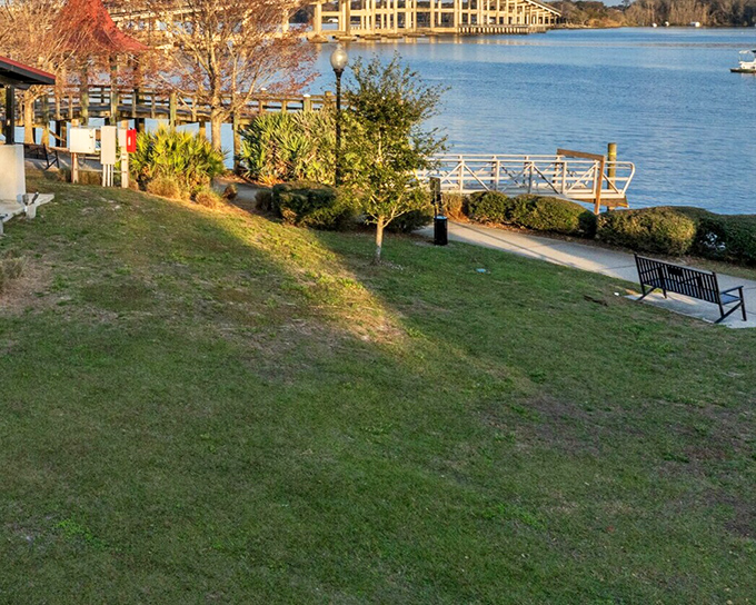 Riverfront benches invite contemplation of life's simple pleasures—like affording both dinner out AND your mortgage in the same month.