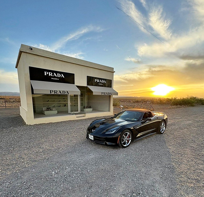 Sunset at Prada Marfa: where Italian luxury meets American muscle against a technicolor Texas sky. Even the Corvette looks impressed.