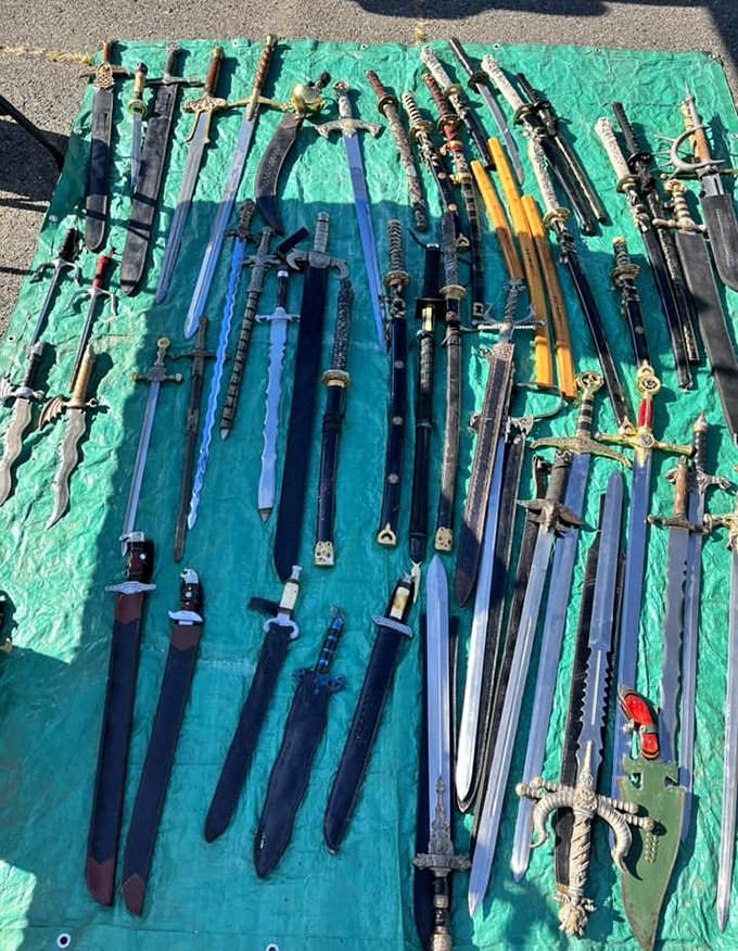 Medieval weaponry display that makes Renaissance Fair enthusiasts weak in the knees. One man's decorative wall hanger is another's zombie apocalypse preparation kit. 