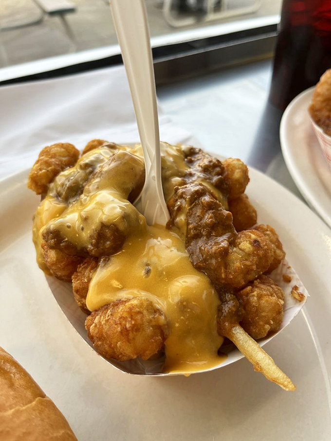 Tater tots elevated to art form with rivers of melted cheese. Whoever said "you can't improve perfection" clearly never visited Hunter House.