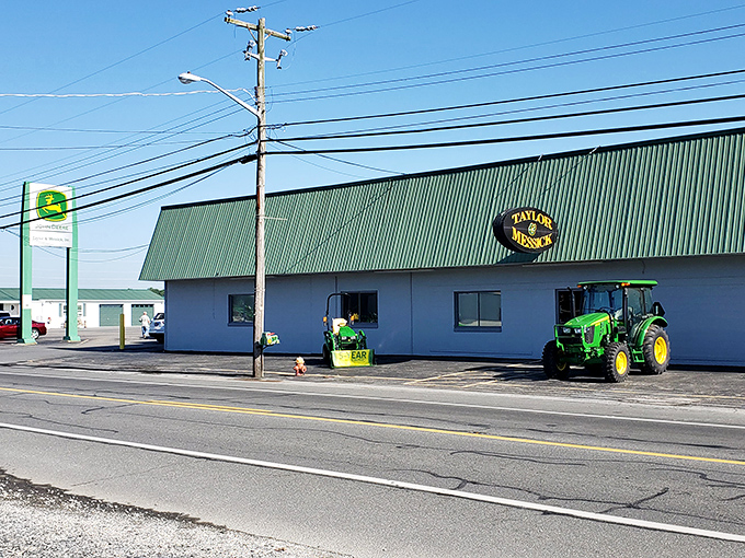 Taylor & Messick's John Deere dealership reminds visitors of Harrington's agricultural roots. That tractor probably costs more than my first apartment.