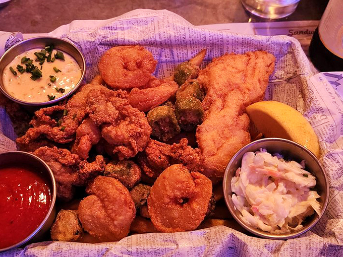 The Camp Basket isn't a meal—it's a seafood festival on newspaper. Bring friends or prepare for the happiest of food comas.