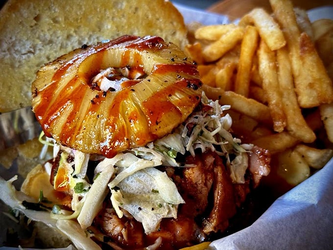 This sandwich featuring grilled pineapple isn't just a meal&mdash;it's a tropical vacation between two buns, no passport required.