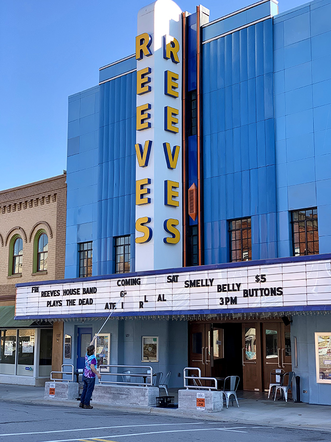 The Reeves Theater's iconic blue fa&ccedil;ade and vintage marquee promise entertainment that's refreshingly authentic in our age of endless streaming options.