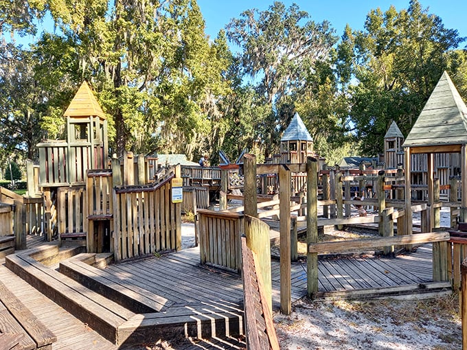 Tom Varn Park's wooden playground castle invites imaginative adventures, proving Florida fun doesn't require admission tickets or long lines.