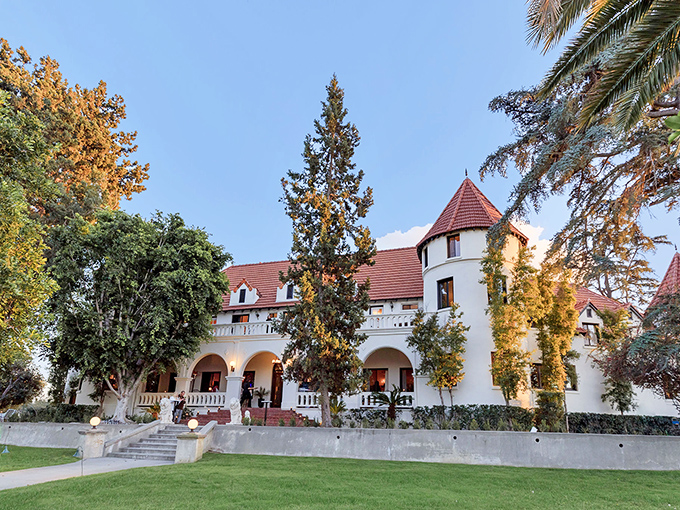 The castle commands attention from every angle, standing proudly among California palms like European royalty who decided to retire somewhere sunny.