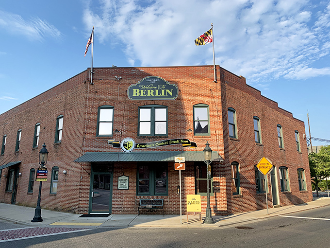 Not just a town hall&mdash;a statement piece. Berlin announces itself with brick-and-mortar confidence and a Maryland flag snapping in the breeze.