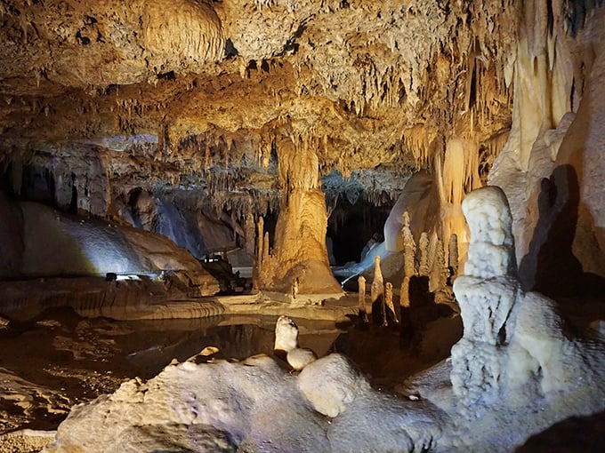 A subterranean wonderland where stalactites and stalagmites play a geological game of "meet in the middle" that takes millennia to complete.