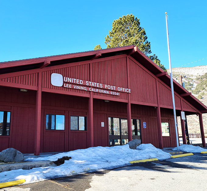 The Lee Vining Post Office—where mail delivery comes with mountain views and your Social Security check stretches further than anywhere else in California.