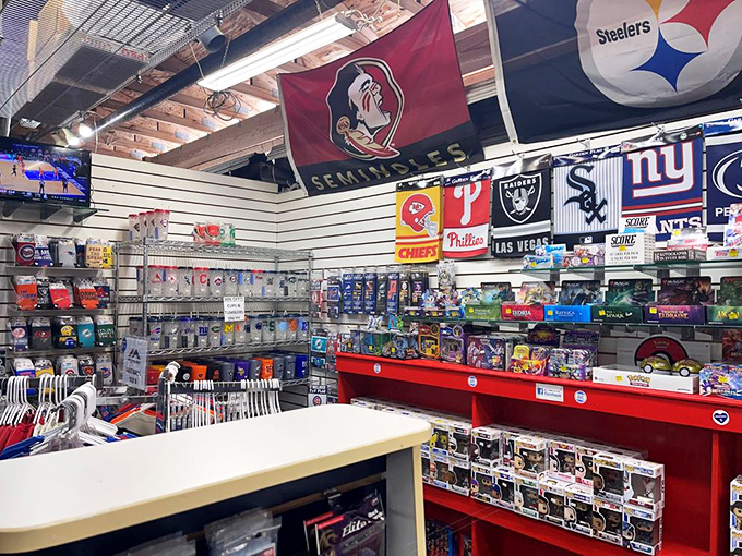 Sports fan central! This booth is like ESPN exploded into retail form, with team flags and memorabilia that let you wear your loyalty on more than just your sleeve.