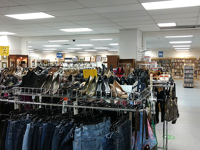 The shoe and clothing section stretches toward the horizon, a fashionista's playground where vintage meets value in perfect harmony. 