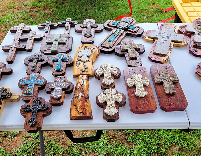 Spiritual craftsmanship on display. These handmade wooden crosses showcase Tennessee woodworking traditions with designs ranging from rustic simplicity to ornate artistry.