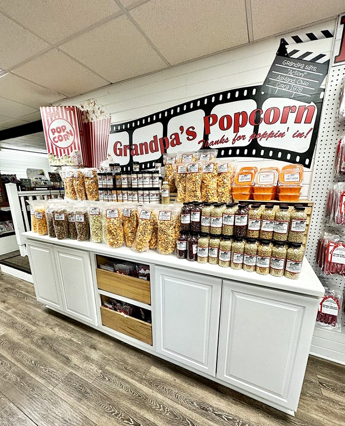 Popcorn paradise where every kernel has fulfilled its destiny. "Thanks for poppin' in" isn't just cute wordplay&mdash;it's an invitation to indulge.