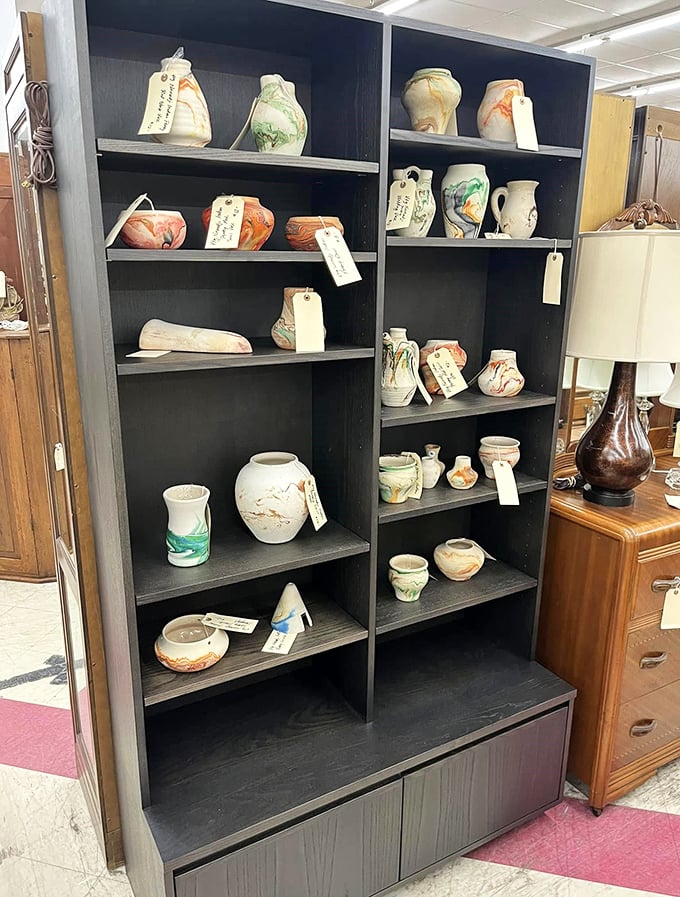 Ceramic storytellers with price tags dangling like conversation starters. Each vase whispers of windowsills and dining tables from another era.