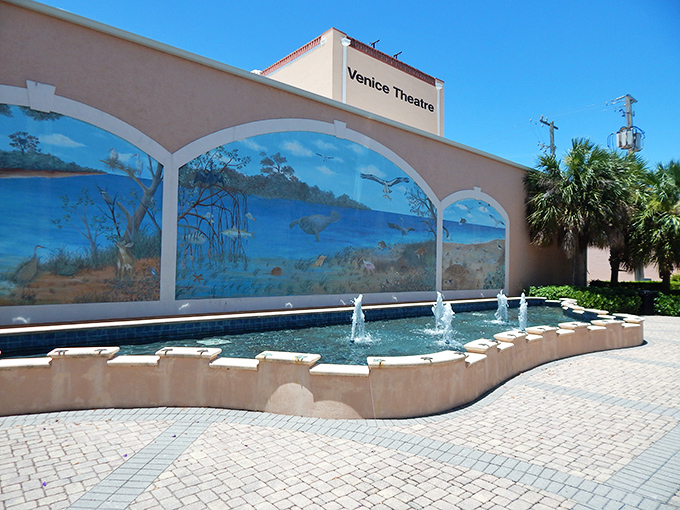 Venice Theatre's fountain and mural create the perfect prelude to performances inside. Culture with a side of Florida sunshine.
