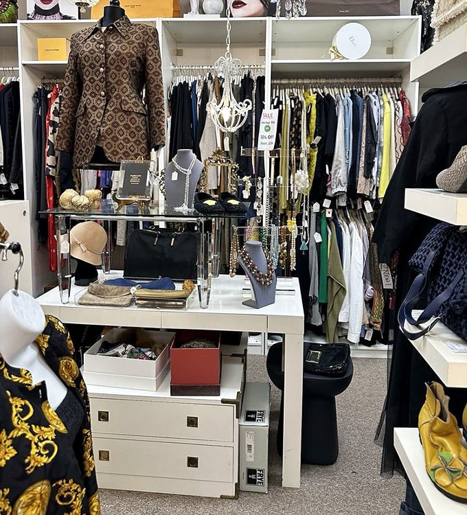 Designer clothing and sparkling jewelry create a boutique experience within this antique wonderland of possibilities.