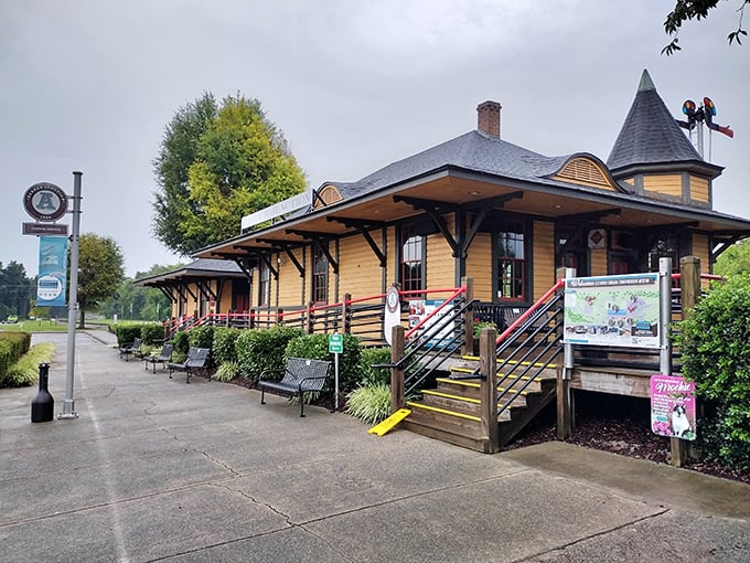The charming yellow station building serves as the museum's visitor center, its Victorian architecture and wraparound porch welcoming travelers just as it did a century ago.