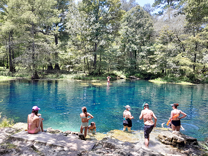 The limestone ledge becomes nature's perfect viewing platform, where visitors gather to marvel at this liquid sapphire.