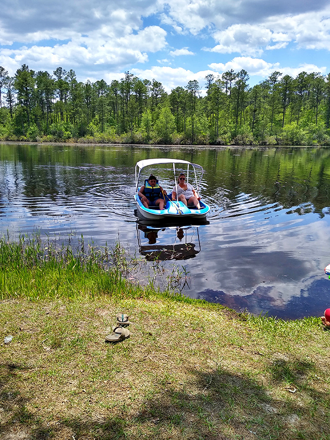 The gentle ripples from a paddle boat on the lake spread outward like nature's own meditation rings. Relaxation doesn't get more picture-perfect.