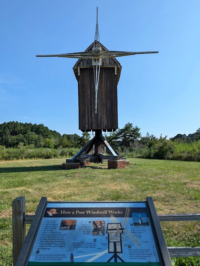 The informational sign reveals the windmill's secrets, answering the question every visitor asks: "But how does this contraption actually work?"