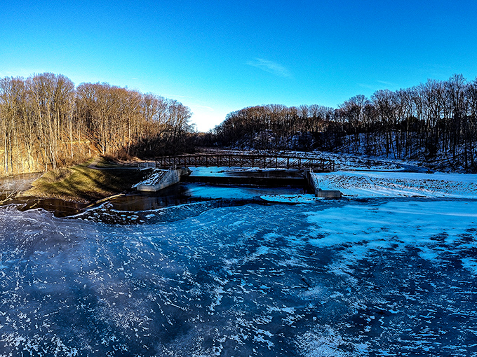 Winter transforms Mt. Gilead into a frosted wonderland where the partially frozen lake looks like nature's own abstract painting.